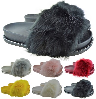 WOMENS LADIES FLATORM FLAT SUMMER FAUX FLUFFY FUR SLIDES SLIDERS ...