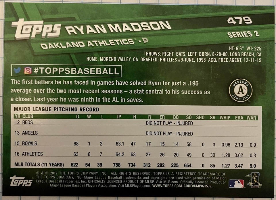 2017 Ryan Madson Topps Series 2 #479 | eBay