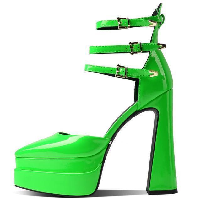 Women Platform Pointed Toe Chunky Heels Buckle Straps Pumps Casual ...
