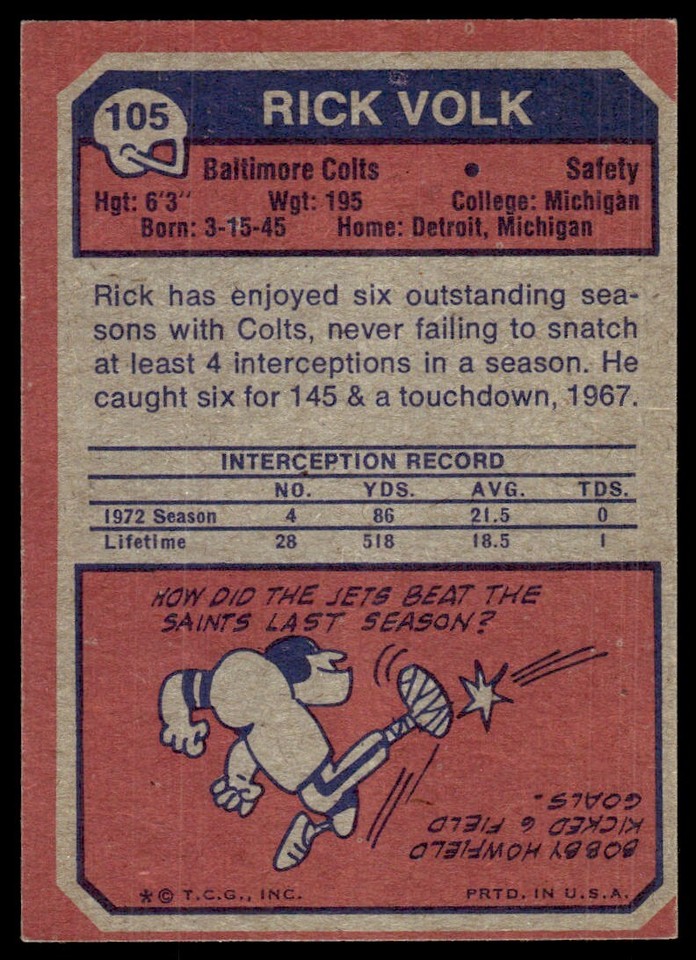 1973 TOPPS RICK VOLK 4 BALTIMORE COLTS #105 | eBay