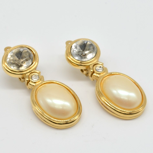 Givenchy Gold Tone Clip-On Earrings Faux Pearls Glass Crystals Dangle C104 | eBay