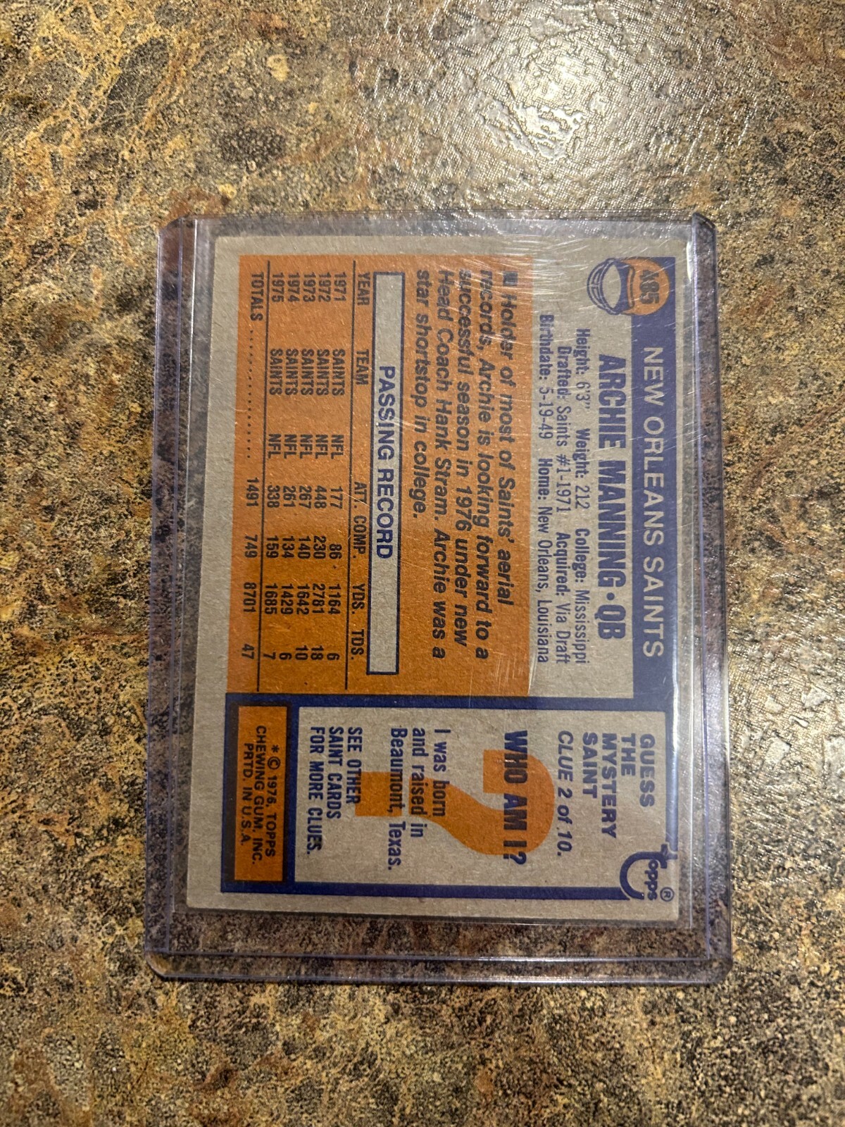 1976 Topps Archie Manning 485 New Orleans Saints College HOF Ole Miss ...