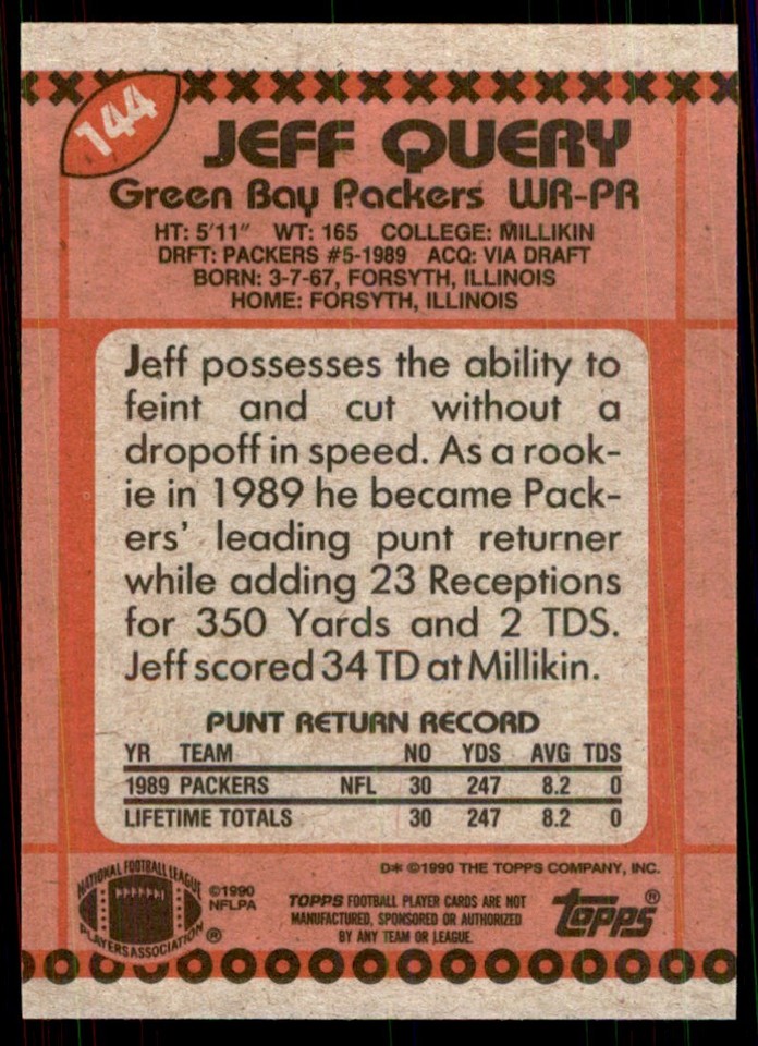 1990 Topps Jeff Query Football Cards #144 | eBay