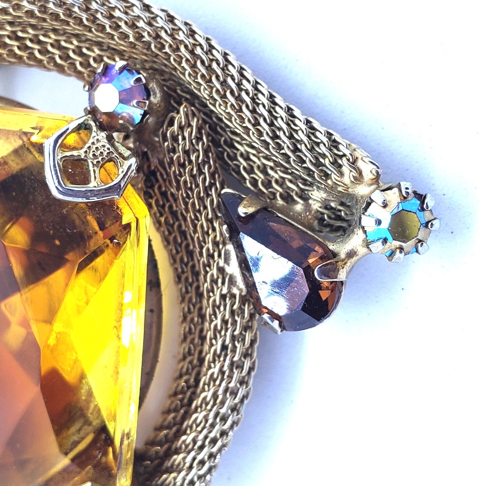 Topaz Colored Brooch Faceted Glass Rhinestone Mesh Gold Tone Unsigned ...