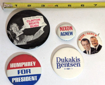 Lot 5 VTG Political Campaign Pin Back Buttons Nixon Agnew Dukakis ...