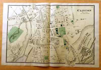 Original Antique 1870 Map CLINTON, MA Massachusetts 2-Pg BEERS VERY ...