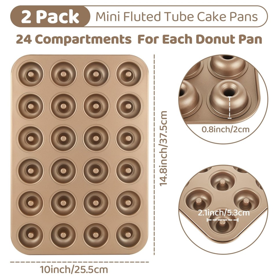 2 Pack 24-Cavity Mini Donut Pan, Nonstick Small Donut Tray Doughnut ...