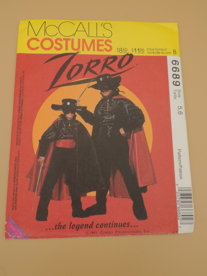 McCall's 6689 Boys Zorro, Knight, Bandit Costume SZ 7, 8 Chest: 26"-27 ...