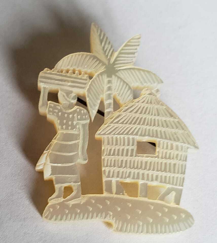 Vintage Carved MOP Brooch Pin Art Deco Mother Of Pearl Tiki Palm Hut ...