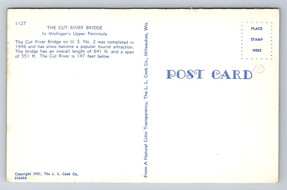 Postcard Michigan Upper Peninsula Cut River Bridge US No. 2 Chrome ...