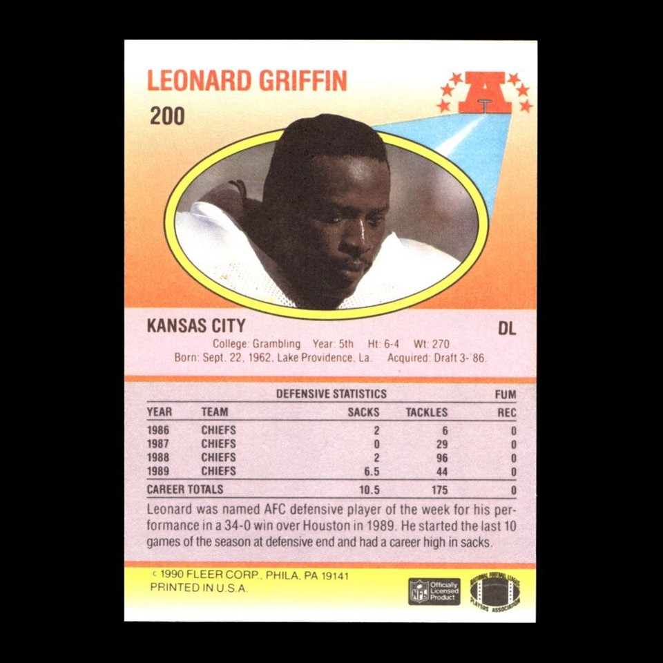 Leonard Griffin 1990 Fleer Rookie Kansas City Chiefs #200 R325C 2 | eBay