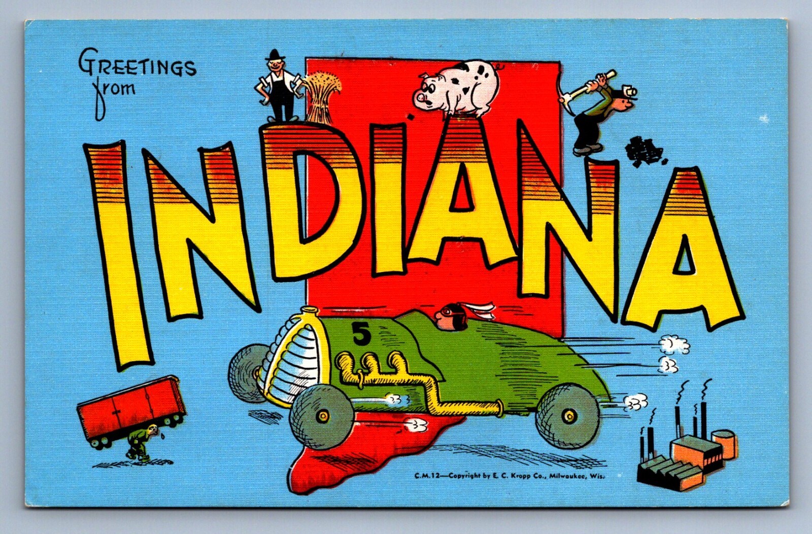 Postcard Vtg Indiana Greetings Cartoon Racecar Farming Mining ...