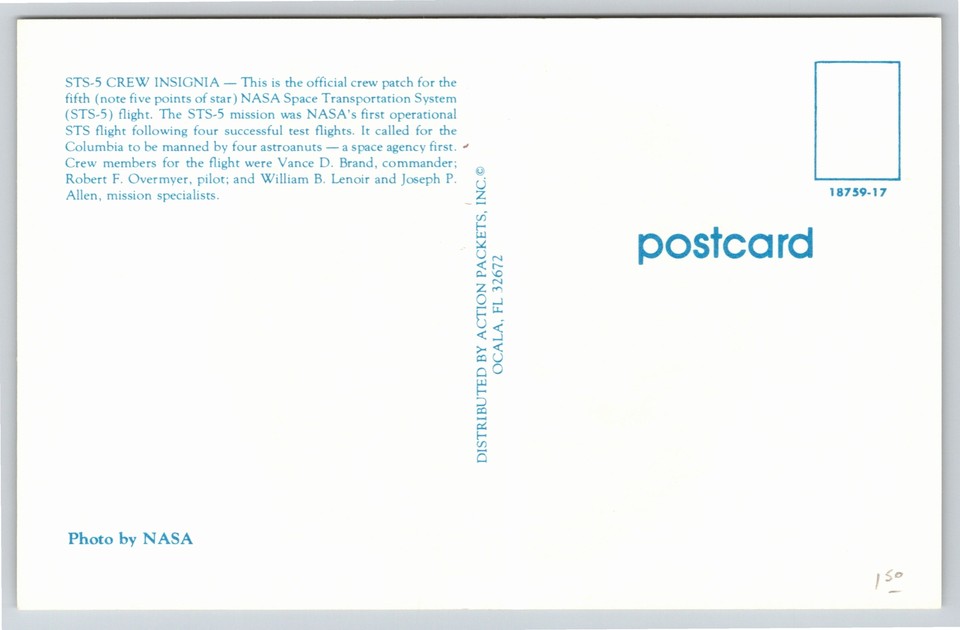 NASA Space Transportation System~Columbia STS-5 Crew Insignia~Vintage ...