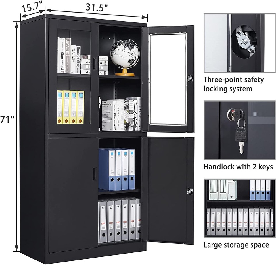 Metal Storage Cabinet with Glass Door Lockable Kitchen Storage Cabinet ...