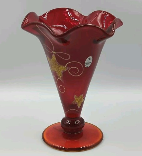 Vintage Fenton Ruby Red Glass Hand Painted Gold Star And Ribbon Vase ...