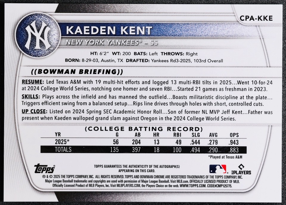 2025 Bowman Draft KAEDEN KENT 1st Bowman INSCRIBED AUTO Purple /250 ...