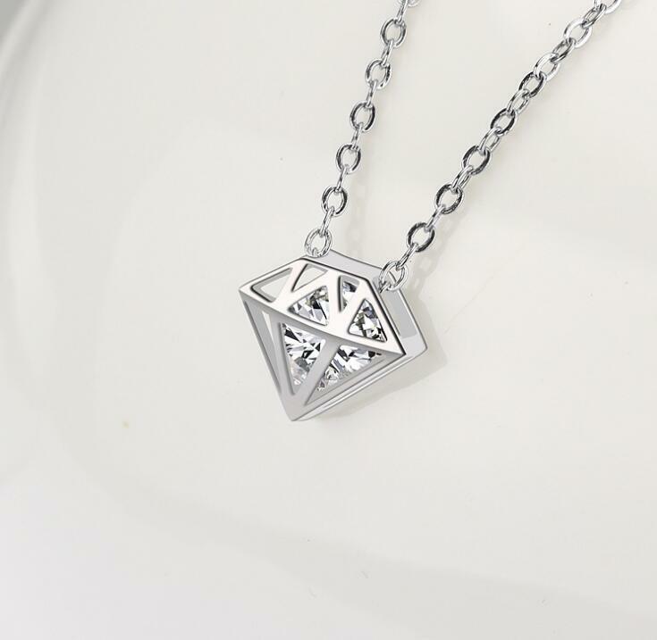 Silver Pave Cubic Zirconia Tiny Diamon Shape Pendant Chain Necklace | eBay