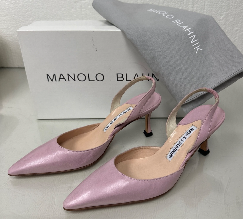 $935 New MANOLO BLAHNIK Pale Lilac Pink Leather Carolyne 70 Slingback ...