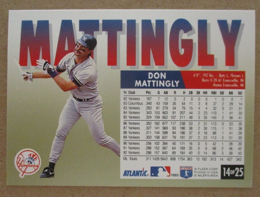 DON MATTINGLY New York YANKEES 1993 FLEER "Atlantic" BASEBALL CARD #14 ...
