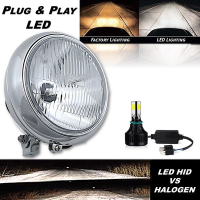 Motorcycle 7" Stock Style 6V 12V 6-12 Volt LED Headlight Chrome Bucket ...