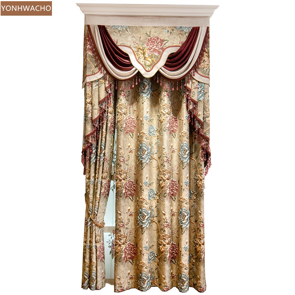 luxury American embossed jacquard coffee cloth curtain valance tulle ...