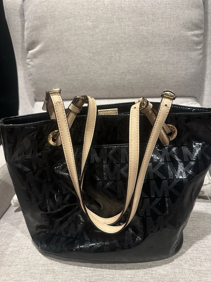 Black Michael Kors Patent Leather MK Monogram Purse Tote | eBay