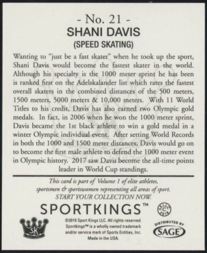 2018 Sport Kings Shani Davis Mini Insert Speed Skating #21 | eBay