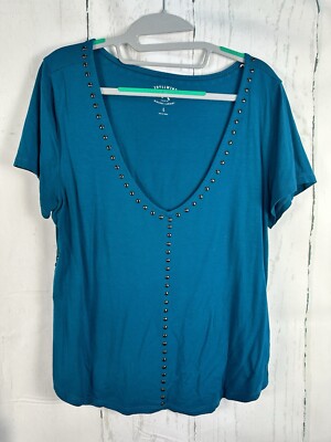 Idyllwind L Teal blue short sleeve Vneck pullover Studded Top Blouse | eBay