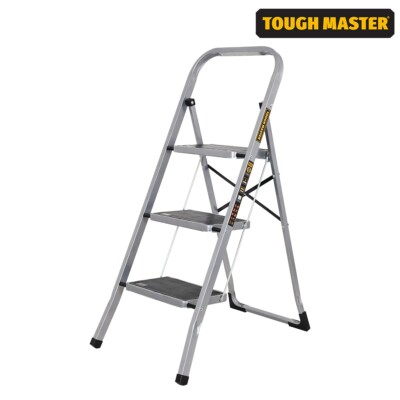 3 Step Ladder Heavy-Duty Steel, Non-Slip Rubber Steps, Foldable TOUGH ...