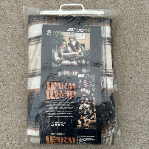 Beacon Warm Wrap Tan Brown Plaid 64" X 72" Snap NOS Blanket Made in USA ...