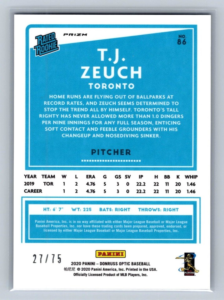 TJ ZEUCH 2020 Donruss Optic Baseball Rated Rookie BLUE PRIZM /75 #86 ...