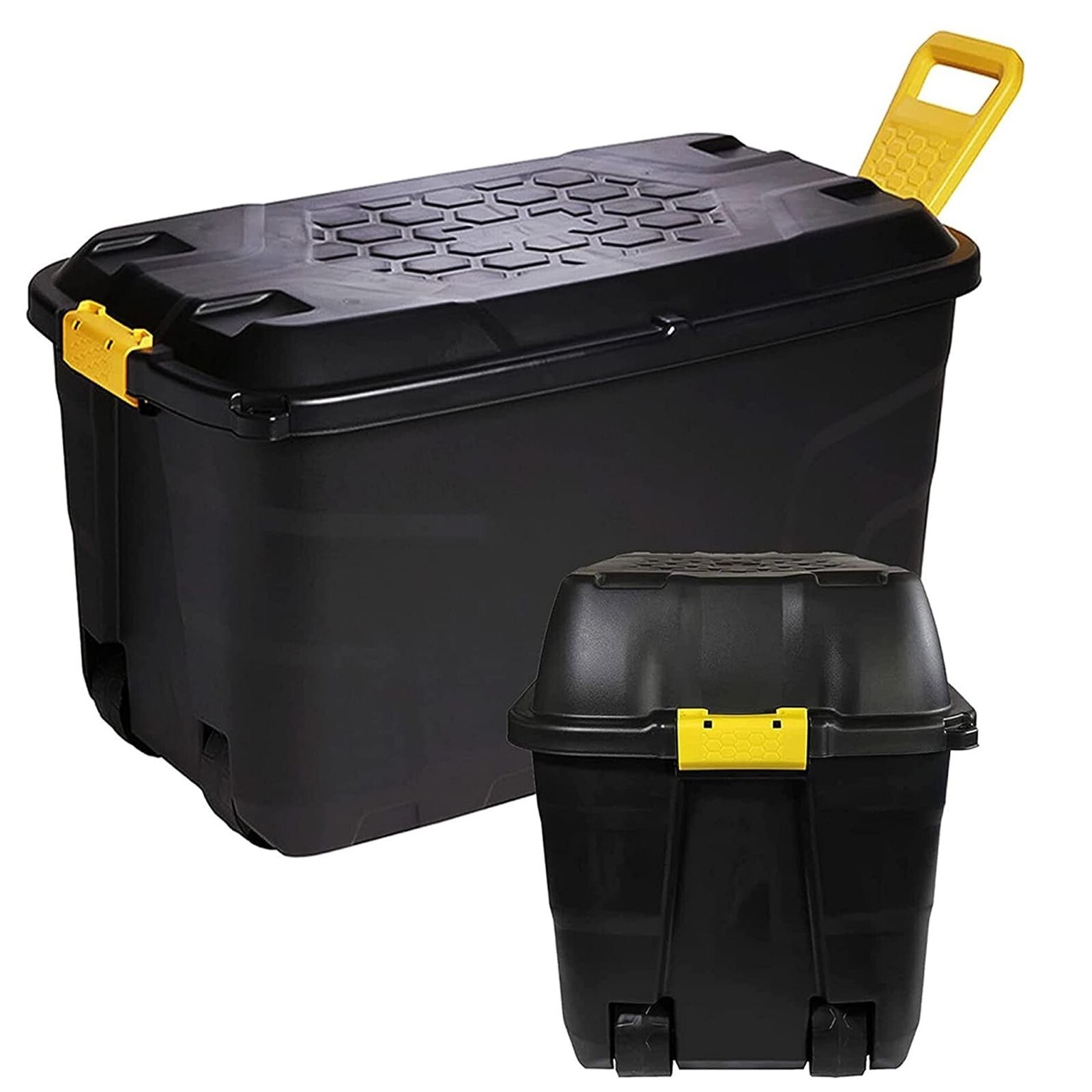 145L or 110L XL Heavy Duty Black Plastic Storage Trunk With Lid, Wheels ...