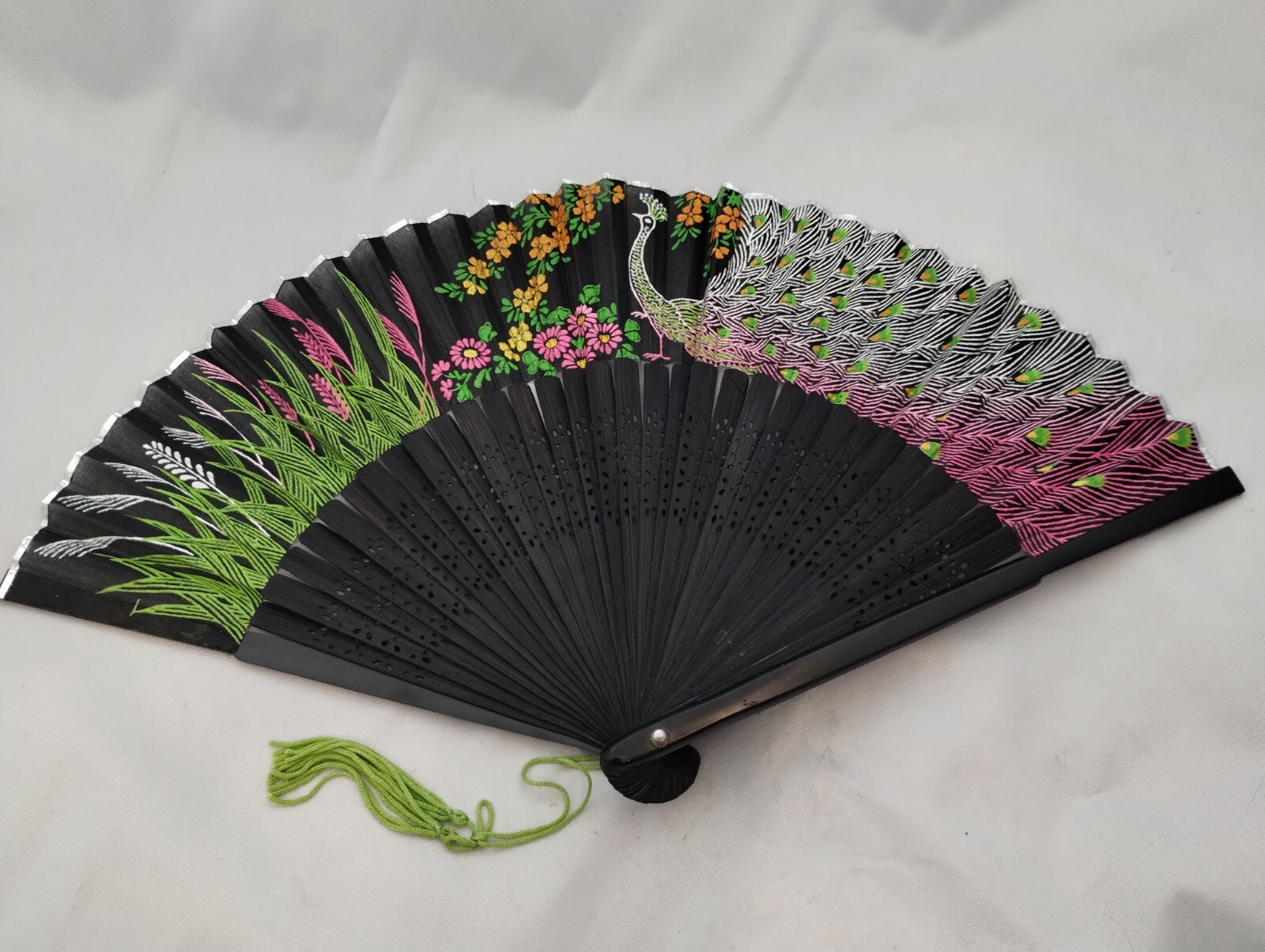 Vintage Folding Plastic Hand Fan Stunning Peacock Vib… - Gem