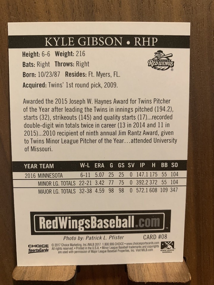KYLE GIBSON 2017 CHOICE ROCHESTER RED WINGS #8 | eBay