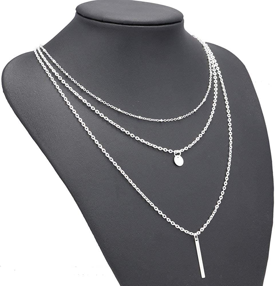 Multilayer Necklace 3 Tier Pendant Long Chain Women Accessories (Silver ...