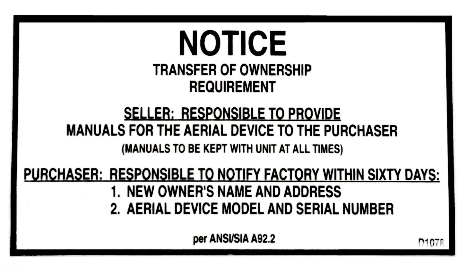 ANSI Notice Label: Transfer Of Ownership Requirement - 3M Vinyl Film ...