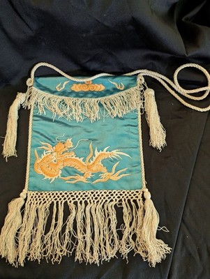 Vintage Silk Chinese Handmade Purse-Tassels & crocheted fringe-Dragons ...