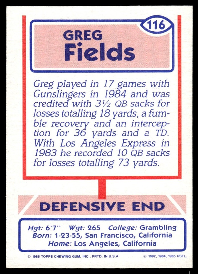 1985 Topps USFL Greg Fields San Antonio Gunslingers #116 | eBay