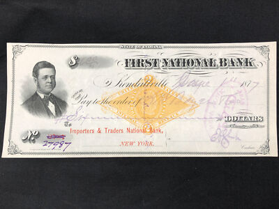 Antique Bank Check Original 1877 First National Bank Indiana 27987 Hole ...