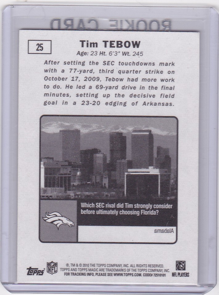 TIM TEBOW ROOKIE CARD 2010 Topps Magic Football DENVER BRONCOS Mile ...