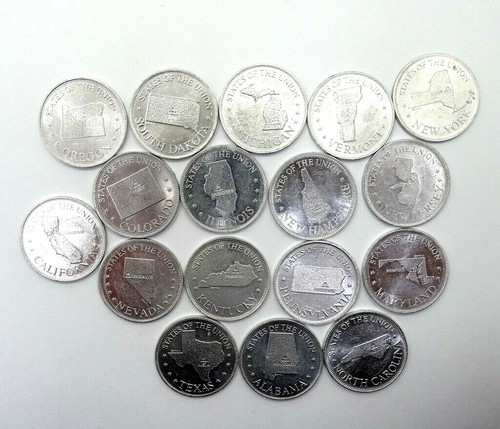 17 x Lot SHELL OIL Aluminum Assorted STATE OF THE UNION COIN GAME Medal ...