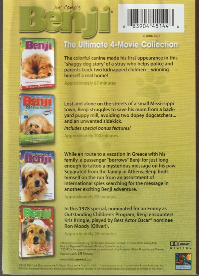 Benji The Ultimate 4-Movie Collection DVD very Good Benji on the leash ...