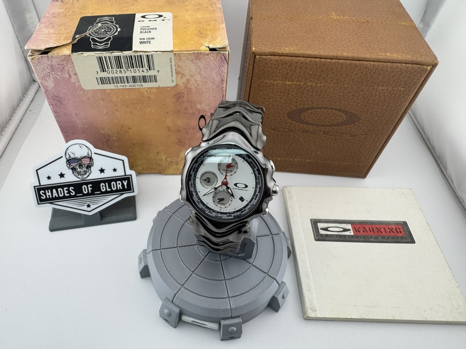 OAKLEY GMT ION PLATED POLISHED BLACK WHITE DIAL WATCH 10-143 COMPLETE ...