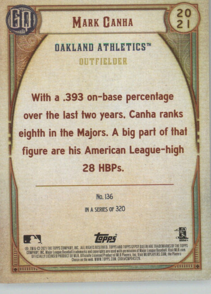 2021 Topps Gypsy Queen Team Script Font Swap #136 Mark Canha | eBay
