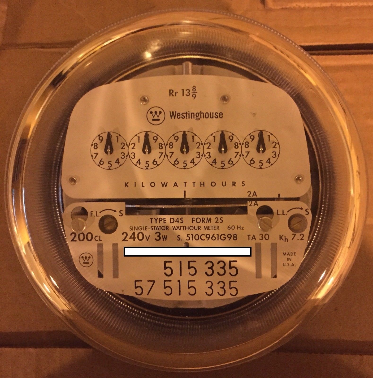 WESTINGHOUSE WATTHOUR METER KWH, D4S, 5 POINTER STYLE, 4 LUGS, 240V ...