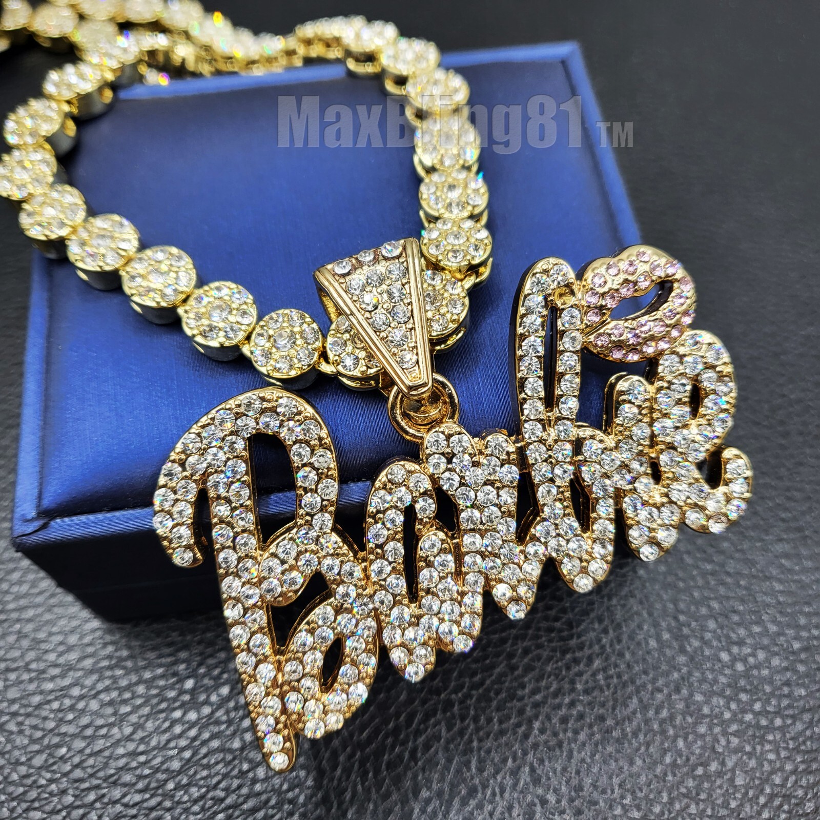 Gold Plated Large Barbie Pendant 18" Iced Flower Cubic Zirconia Chain ...
