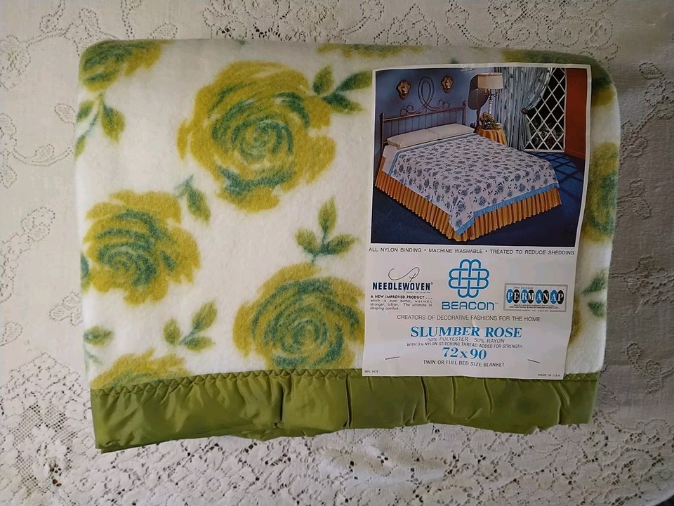Vintage Beacon Slumber Rose Green Chartreuse & White Blanket Twin 72x90 ...