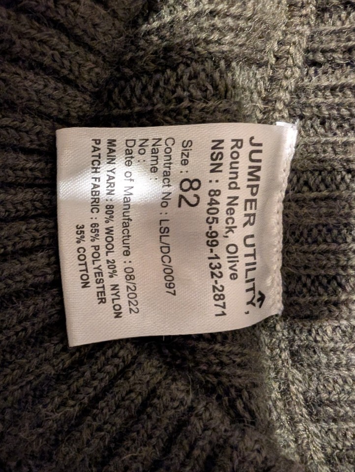 Genuine British Army Utility Jumper, Jersey Crew Neck Wool Size 82cm ...