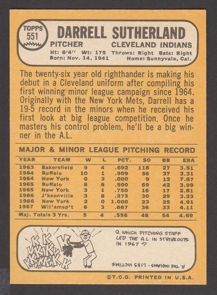 1968 TOPPS BASEBALL # 551 DARRELL SUTHERLAND EX-MT+ INV A2288 | eBay
