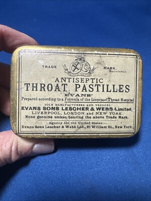 VINTAGE EVANS SONS LIVERPOOL LONDON ANTISEPTIC THROAT PASTILLES TIN ...